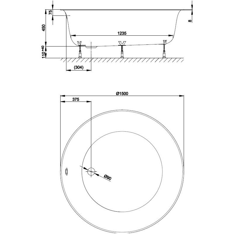 BettePond Silhouette apvali plieninė vonia 150 cm skersmens, baltos ...